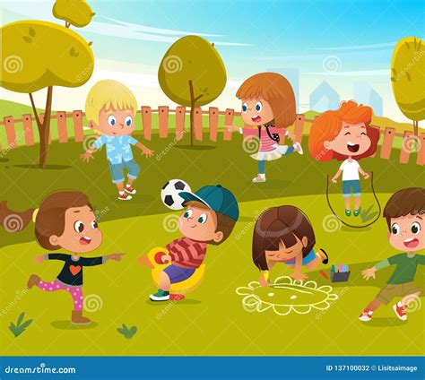 Illustration De Terrain De Jeu De Jardin Denfants De Jeu De Bébé Les Enfants Jouent Au Football