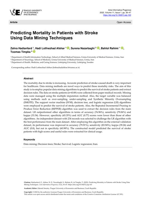 Pdf Predicting Mortality In Patients With Stroke Using Data Mining Techniques