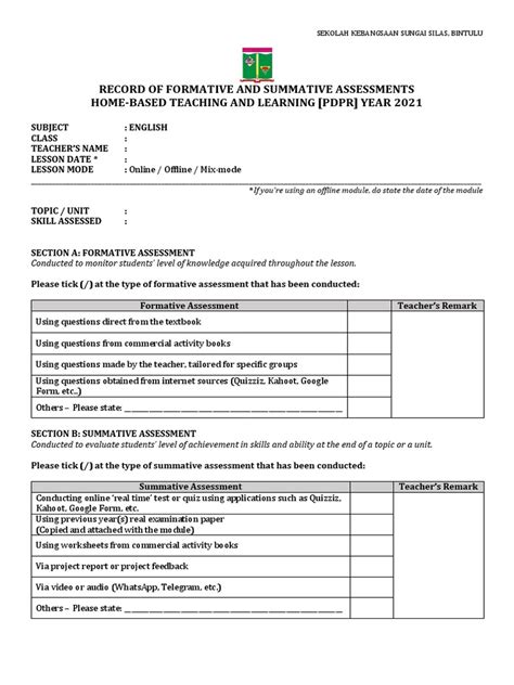 Record Of Formative And Summative Assessments Pdf
