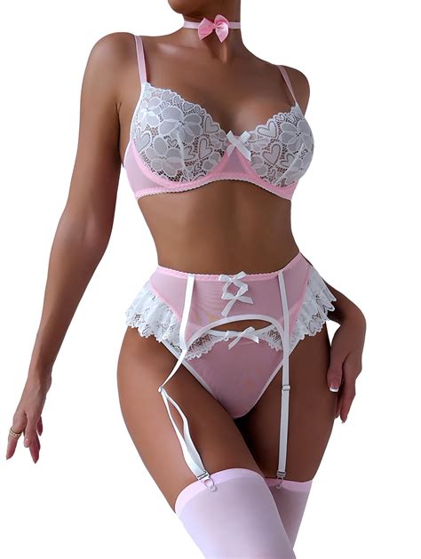 Sexy Bow Choker Floral Lace Stocking Sheer Underwire