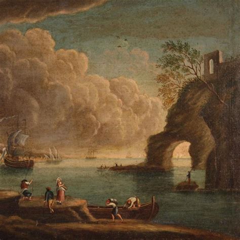 18th Century Oil On Canvas Italian Antique Seascape Painting 1780 At