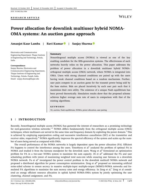Power Allocation For Downlink Multiuser Hybrid Noma‐oma Systems An Auction Game Approach