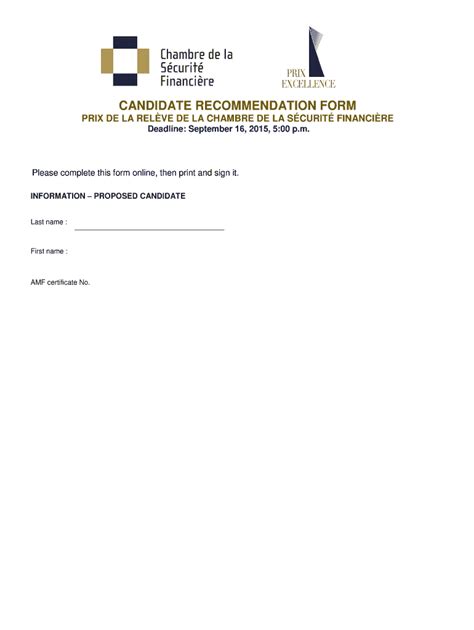 Fillable Online Candidate Recommendation Form Chambresfcom Fax Email Print Pdffiller