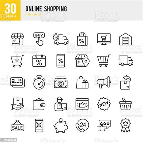 온라인 쇼핑 얇은 선형 벡터 아이콘 세트 픽셀 완벽 이 세트에는 쇼핑 전자 상거래 상점 할인 쇼핑 카트 배달 지갑 택배 등의 아이콘이 포함되어 있습니다 아이콘에 대한 스톡