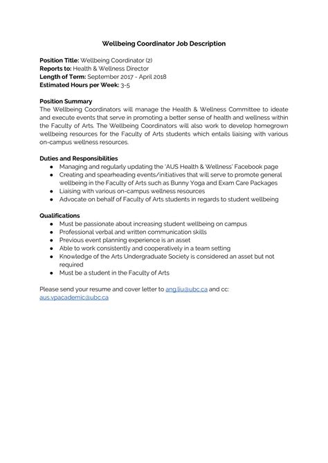 Wellbeing Coordinator Job Description Docx DocDroid