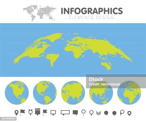녹색 및 파랑 만화 세계 지도 글로브와 핀 컬렉션 집합입니다 인포 그래픽 벡터 일러스트 레이 션에 대 한 서식 파일 3차원 형태에 대한 스톡 벡터 아트 및 기타 이미지