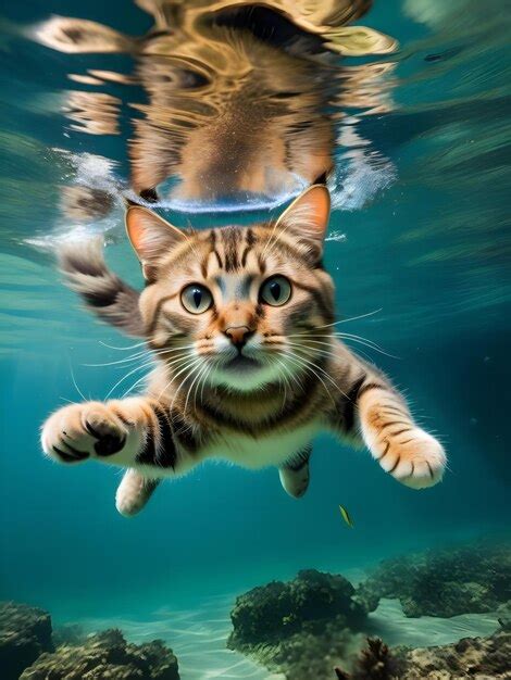Cute Cat Swimming Underwater In The Ocean Premium Ai Generated Image