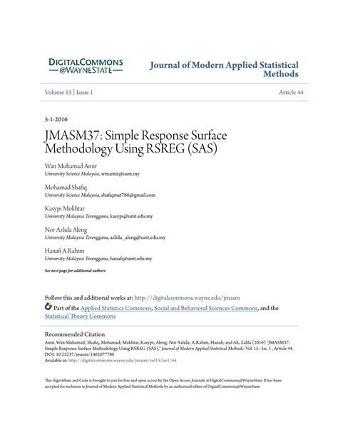 Pdf Jmasm37 Simple Response Surface Methodology Using Rsreg Sas Dokumentips