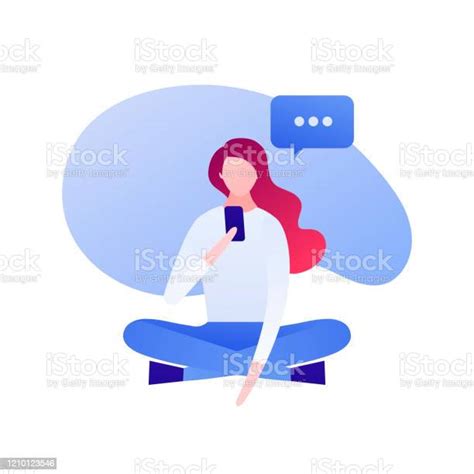벡터 현대 평면 모바일 통신 문자 그림입니다 유동적인 배경 에 토크 버블과 함께 스마트 폰을 들고 앉아 젊은 여성 개념 네트워크 사람들 연결 배너용 디자인 요소 Brand