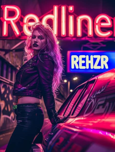 Beautiful Blonde Girl In A Red Leather Jacket Stands Near The Red Car