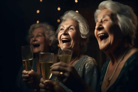 Vecchie Donne Che Ridono Con Bicchieri Felici Donne Anziane Festa Di Celebrazione Di Giubilo