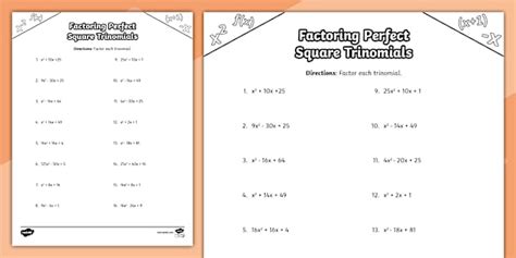 Algebra I Factoring Perfect Square Trinomials Practice