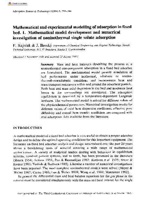 Pdf Mathematical And Experimental Modelling Of Adsorption In Fixed Bed I Mathematical Model