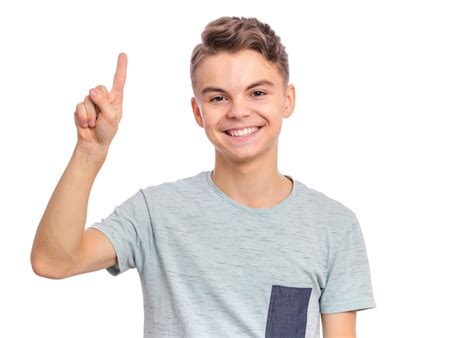 Retrato De Niño Adolescente Feliz Mostrando Una Palma 1 Dedo Aislado