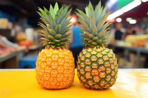 Premium Photo A Small Pineapple Near A Larger Pineapple On A Market Stall