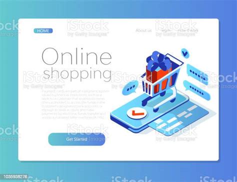 스마트폰 통해 온라인 상점에서 구매 선물 쇼핑 바구니입니다 아이소메트릭 3d 쇼핑 카트에 대한 스톡 벡터 아트 및 기타 이미지 쇼핑 카트 3차원 형태 파란색 Istock