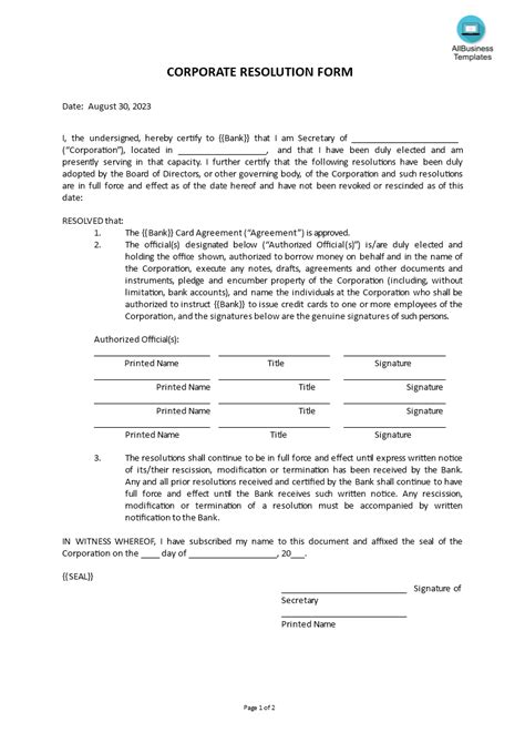 Corporate Resolution Form Templates At