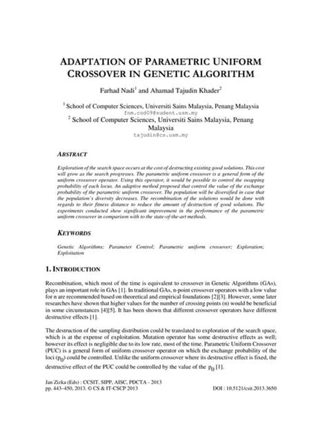 Adaptation Of Parametric Uniform Crossover In Genetic Algorithm Pdf