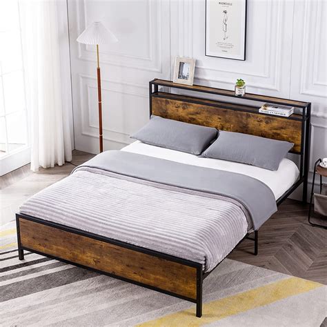 Reliancer Full Bed Frame Platform Bed With 2 Tier Storage Headboard