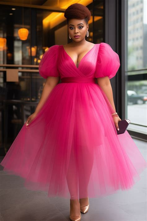 Xpluswear Design Plus Size Cocktail Party Hot Pink Wrap Neck Puff