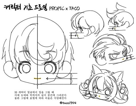 「sd 캐릭터 얼굴에서 입의 위치는 눈 밑과 턱의 중간쯤에 그려준다 물론 그림체에 따라서 비율은 다양하다」타코작가の漫画