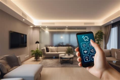 Premium Photo Hand Using A Smart Home App In The Modern Living Room Of A Smart Home