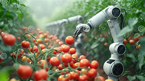 Robot Arm Artificial Intelligence Automated Industrial Hand Picking Tomatos Stock Illustration