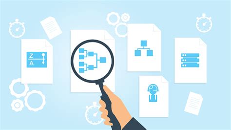 데이터베이스 서버 파일 문서 연구 벡터 일러스트레이션 검색 아이콘으로 문서작성합니다 파일 및 돋보기 분석 연구 기호입니다 벡터 일러스트레이션 개념에 대한 스톡 벡터 아트 및