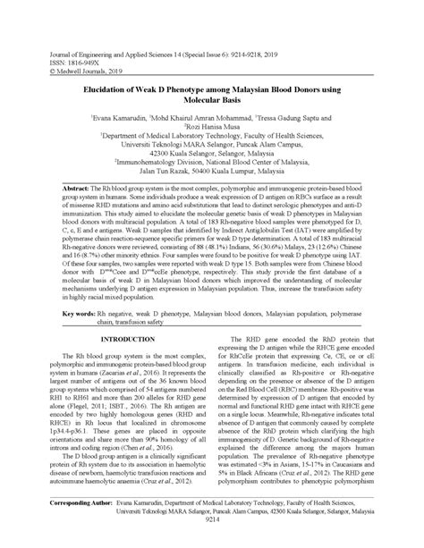 Pdf Elucidation Of Weak D Phenotype Among Malaysian Blood Donors