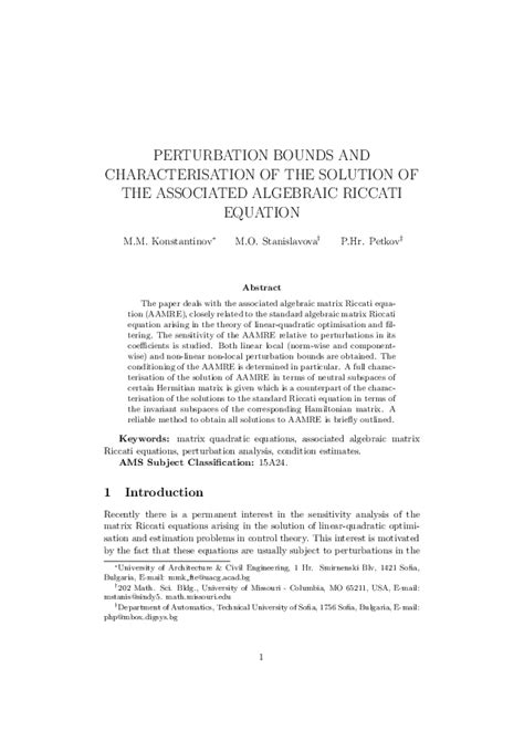 Pdf Perturbation Bounds And Characterisation Of The Solution Of The