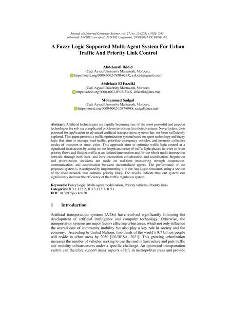 Pdf A Fuzzy Logic Supported Multi Agent System For Urban Traffic And Priority Link Control