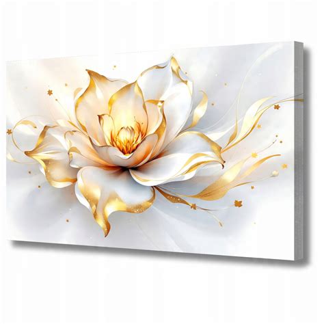 Obraz Na Płótnie 70x50 DuŻy BiaŁo ZŁoty Kwiat W Stylu Glamour • Cena Opinie • Obrazy