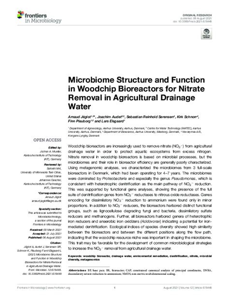 Pdf Microbiome Structure And Function In Woodchip Bioreactors For Nitrate Removal In