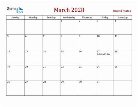 March 2028 Monthly Calendars With United States Holidays