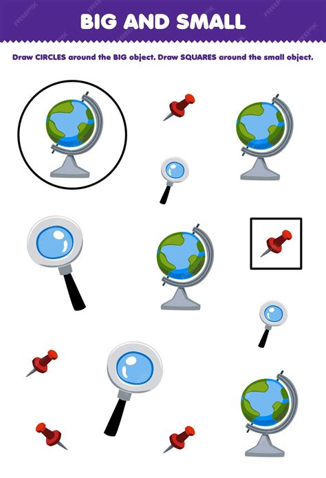 어린이를 위한 교육 게임은 귀여운 만화 지구본 돋보기 핀 인쇄용 도구 워크시트의 원과 사각형을 그려서 크거나 작은 크기로 정렬합니다 프리미엄 벡터