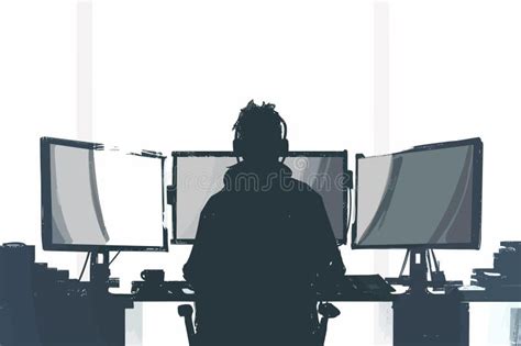 Silhouette Of Hacker In Front Of Multiple Screens Isolated Illustration Stock Vector