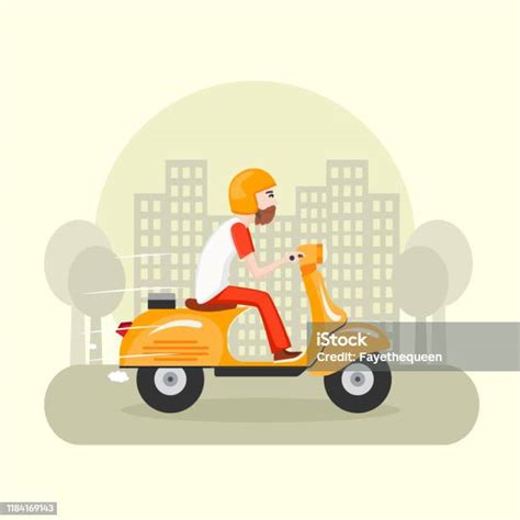 빠른 복고풍 스쿠터를 타고 남자 캐릭터 도시 현대적인 디자인입니다 도로에 대한 스톡 벡터 아트 및 기타 이미지 도로 디자인 만화 Istock