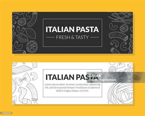 이탈리아 파스타 신선하고 맛있는 카드 템플릿 세트 전통 요리 제품 패턴 식품 메뉴 레스토랑 카페 디자인 요소 방문 페이지 전단지 카드 손으로 그린 벡터 일러스트레이션 벡터에