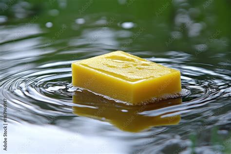 Yellow Cleaning Sponge Floating On Calm Water Surface With Ripples