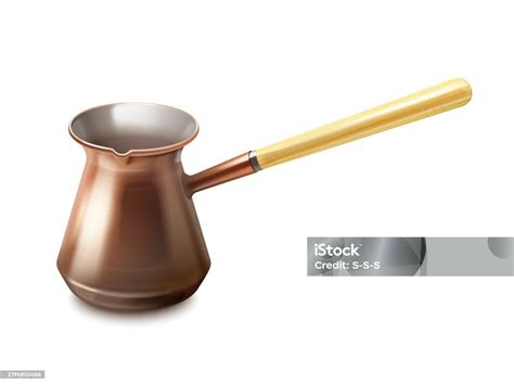 현실적인 터키 커피 포트입니다 아랍 에스프레소 로스트 및 붓기 고립 된 카페 주방 식기 정확한 벡터 일러스트 레이 션을 요리하기 위한 나무 손잡이가 있는 3d 커피 포트