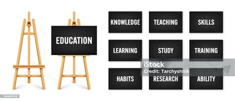 검은 캔버스에 텍스트가 있는 현실적인 페인트 책상 나무 이젤과 도화지 삼각대에 프리젠 테이션 보드 온라인 학습 E 러닝 및 교육 웹 자습서 벡터 그림 공부에 대한 스톡 벡터
