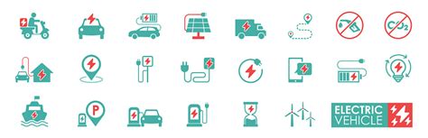 전기 자동차 아이콘 집합입니다 솔리드 아이콘 컬렉션 전기차 배터리 전기차 충전 충전소 모터바이크 하이브리드 전기차 파워가 포함되어 있습니다 개발에 대한 스톡 벡터 아트 및