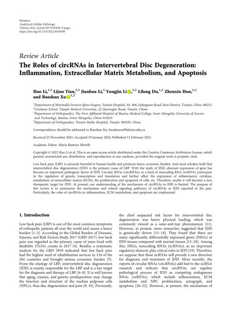 Pdf The Roles Of Circrnas In Intervertebral Disc Degeneration