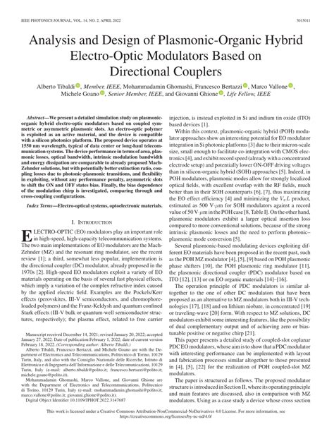 Pdf Analysis And Design Of Plasmonic Organic Hybrid Electro Optic Modulators Based On