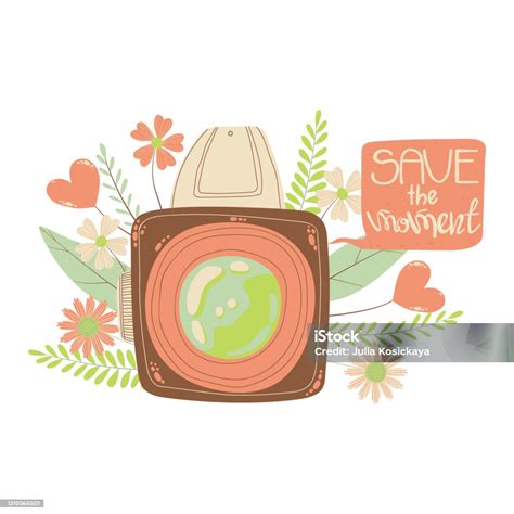 따옴표와 함께 꽃과 잎귀여운 복고풍 사진 카메라는 평면 만화 스타일의 순간을 저장합니다 슬로건과 흰색 배경에 복고풍 카메라의 벡터 손으로 그린 그림 귀여운에 대한 스톡 벡터