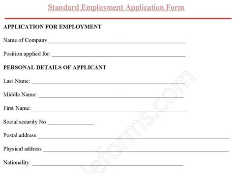 Standard Employment Application Form Editable Pdf Forms