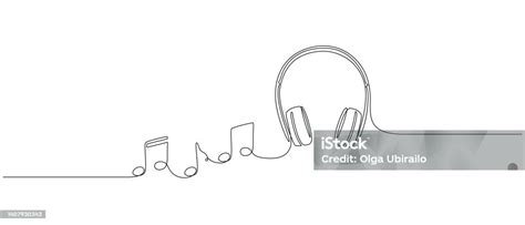 음악 노트가있는 헤드폰 스피커의 연속 한 줄 그리기 간단한 선형 스타일의 헤드셋 가젯 및 이어폰 장치 편집 가능한 스트로크 낙서