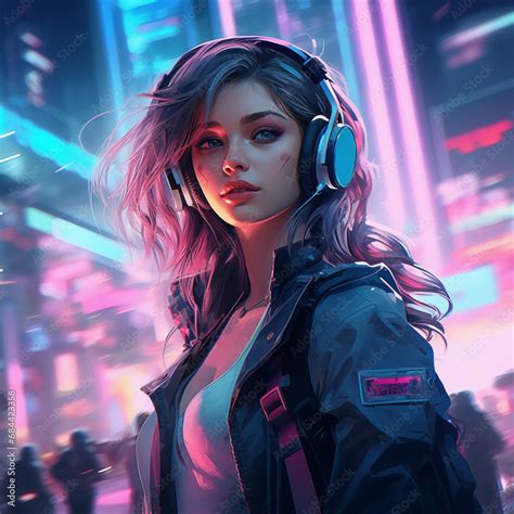 Realistic Portrait Of A Sci Fi Neon Cyberpunk Girl In A Cyber Suit High Tech Futuristic Man