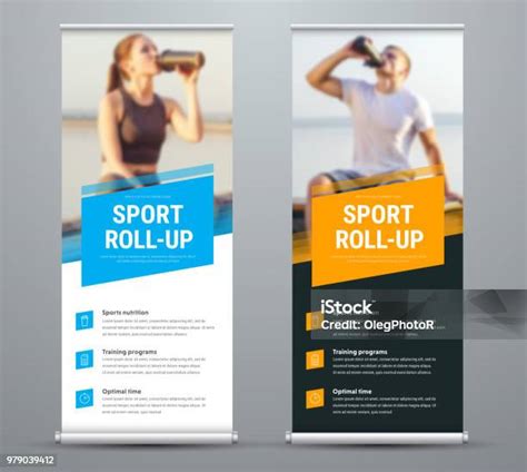스포츠 및 스포츠 영양 사진 장소 테마에 벡터 흰색과 검은색 롤 업 배너 서식 파일이 롤업 배너에 대한 스톡 벡터 아트 및 기타 이미지 롤업 배너 디자인 배너 표지판