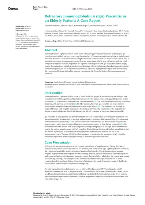 Pdf Refractory Immunoglobulin A Iga Vasculitis In An Elderly Patient A Case Report